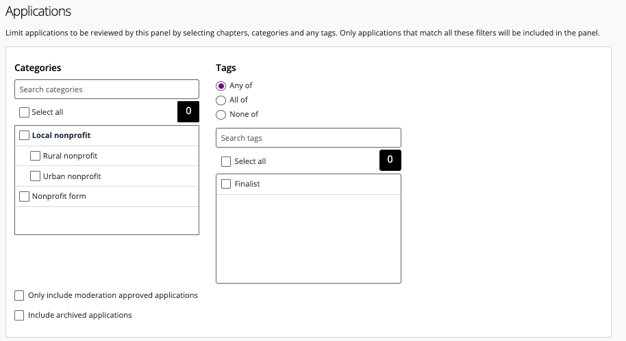 Tags in panels: 'Any of', 'All of', or 'None of' – Good Grants Help Centre